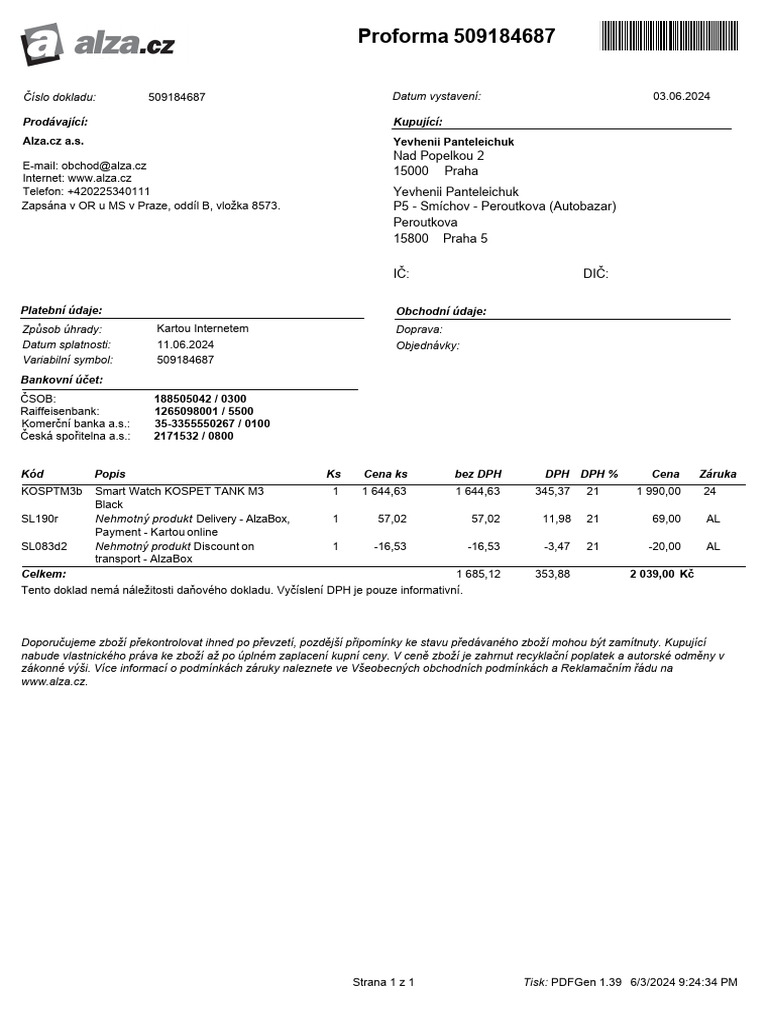Proforma: Yevhenii Panteleichuk Alza - CZ A.S | PDF