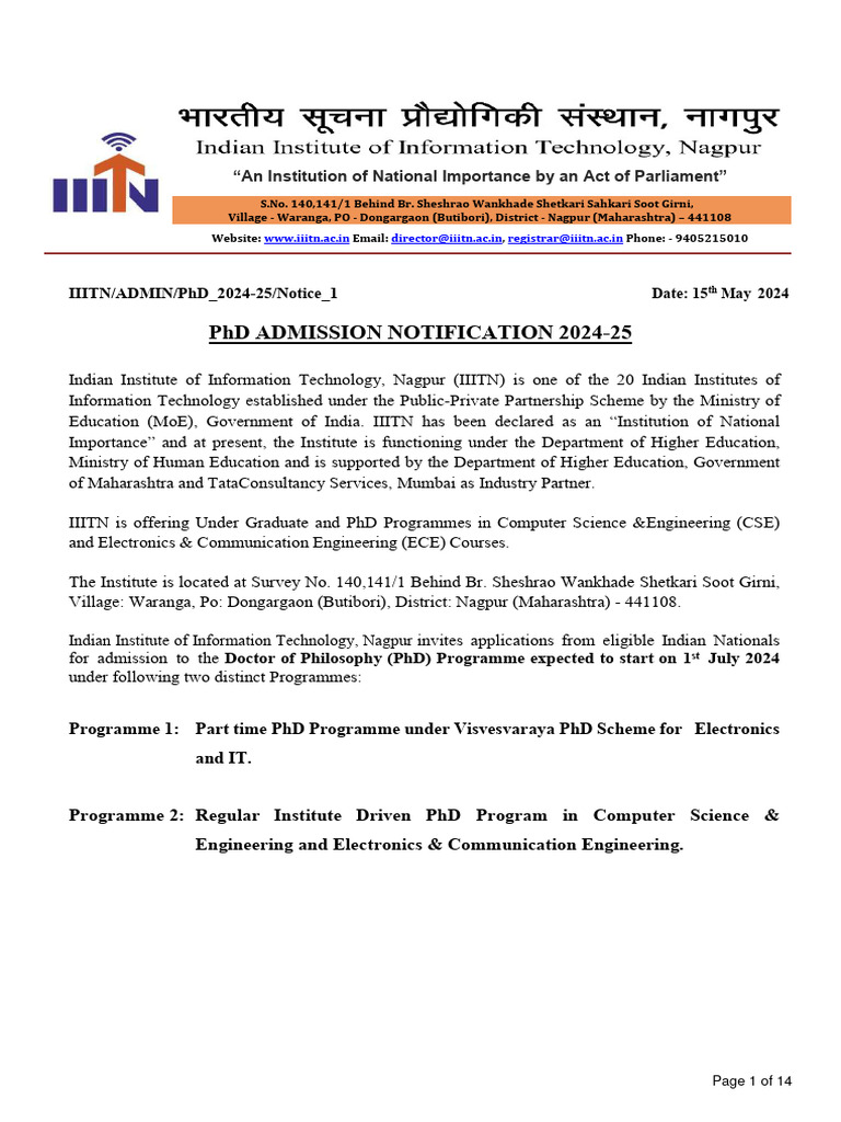 IIITN - PHD Admission Notice - 15-05-2024 | PDF | Embedded System ...