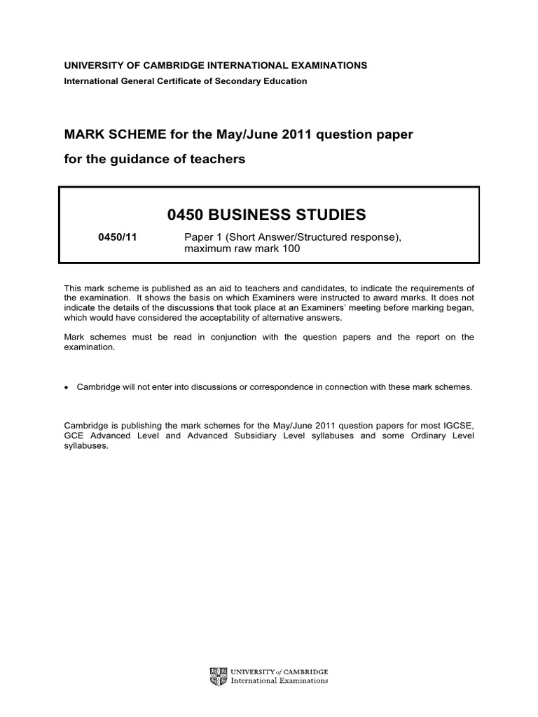 0450 Business Studies: MARK SCHEME For The May/June 2011 Question Paper ...