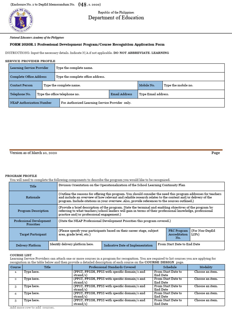 FORM 2020R.1 Professional Development ProgramCourse Recognition ...