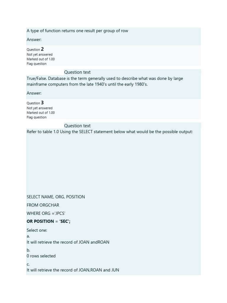 A Type of Function Returns One Result Per Group of Row | PDF ...