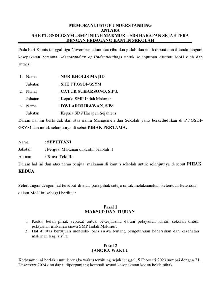 MoU Kantin Dan Pedagang Kantin | PDF