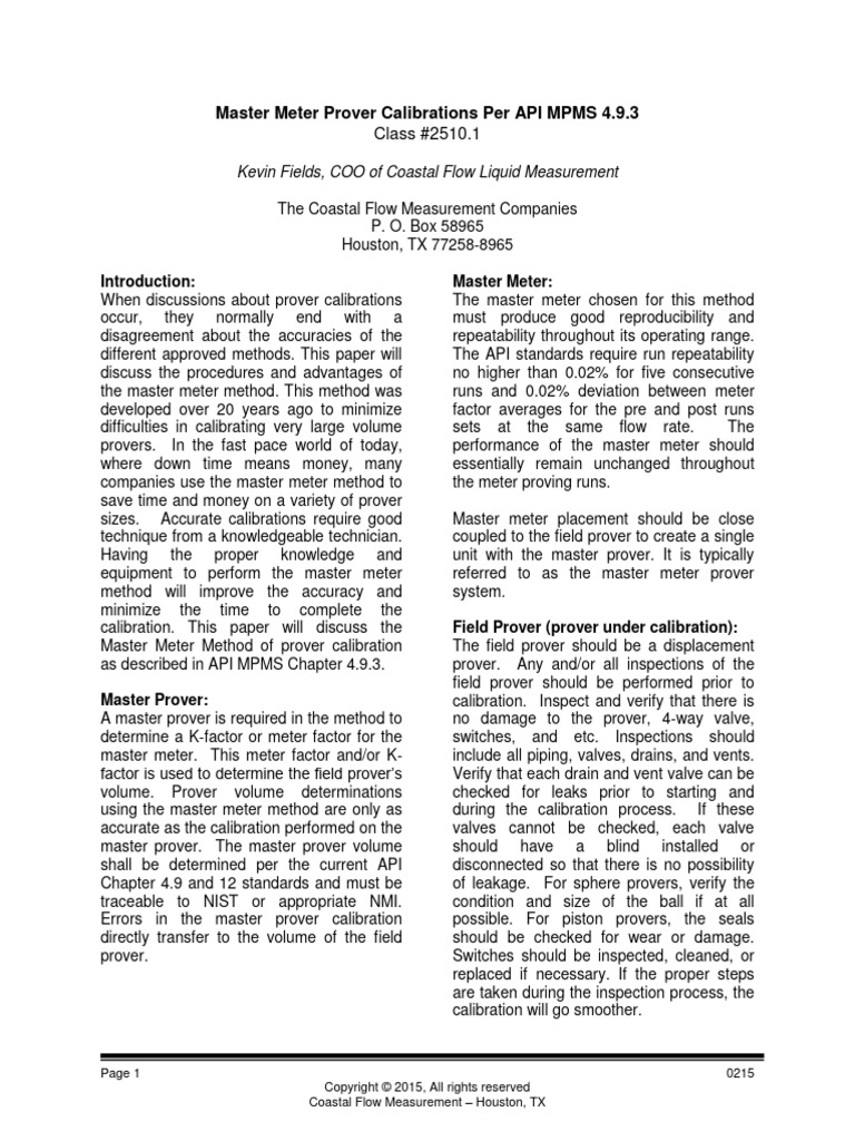 Master Meter Prover Calibrations Per API MPMS 4.9.3 | PDF | Calibration | Flow Measurement