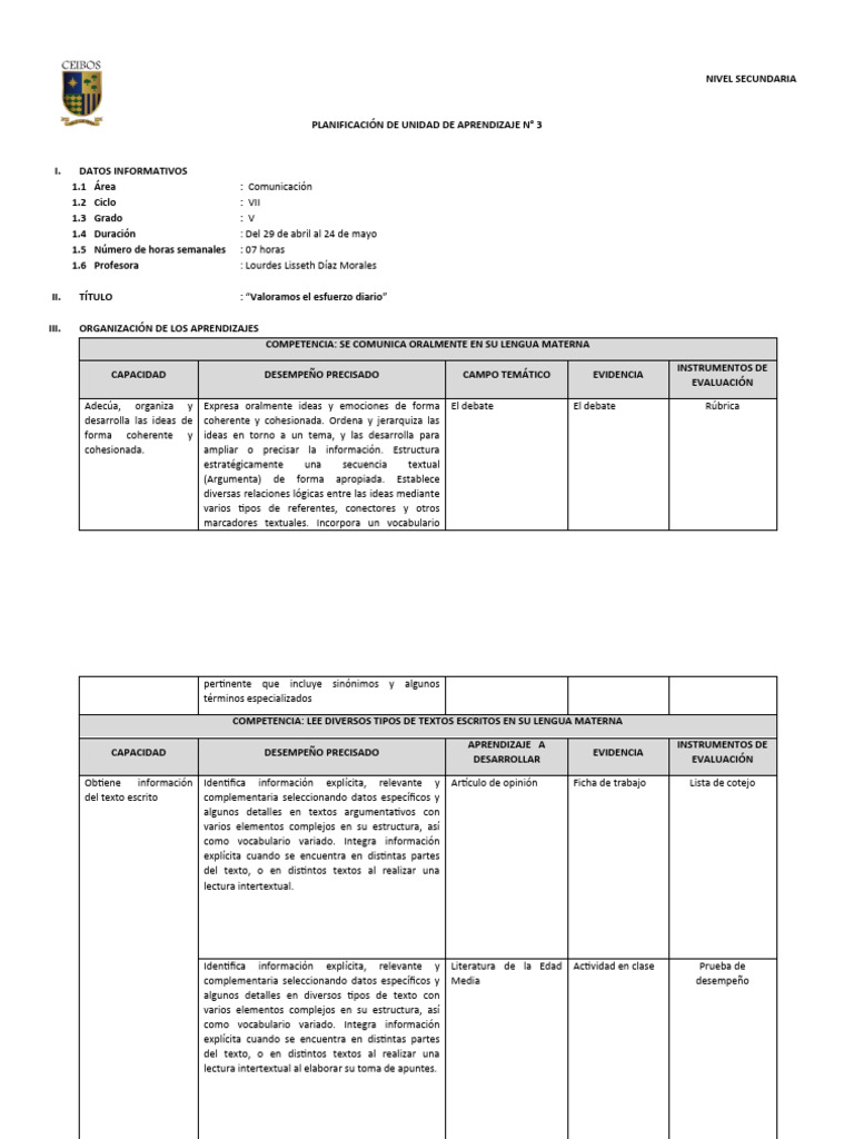 3 Prog. Unidad - Com-V-2024 | PDF | Evaluación | Aprendizaje