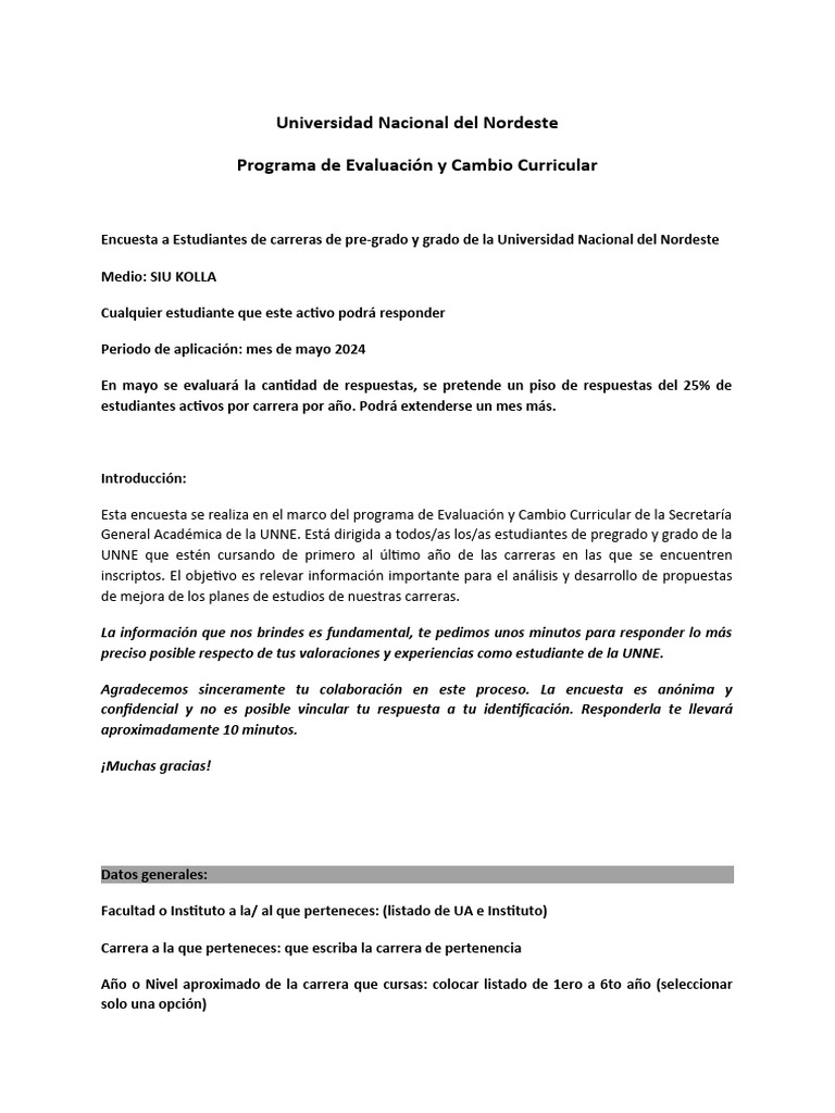 Modelo de Encuesta para Estudiantes de Las Carreras - Ultima Versión ...