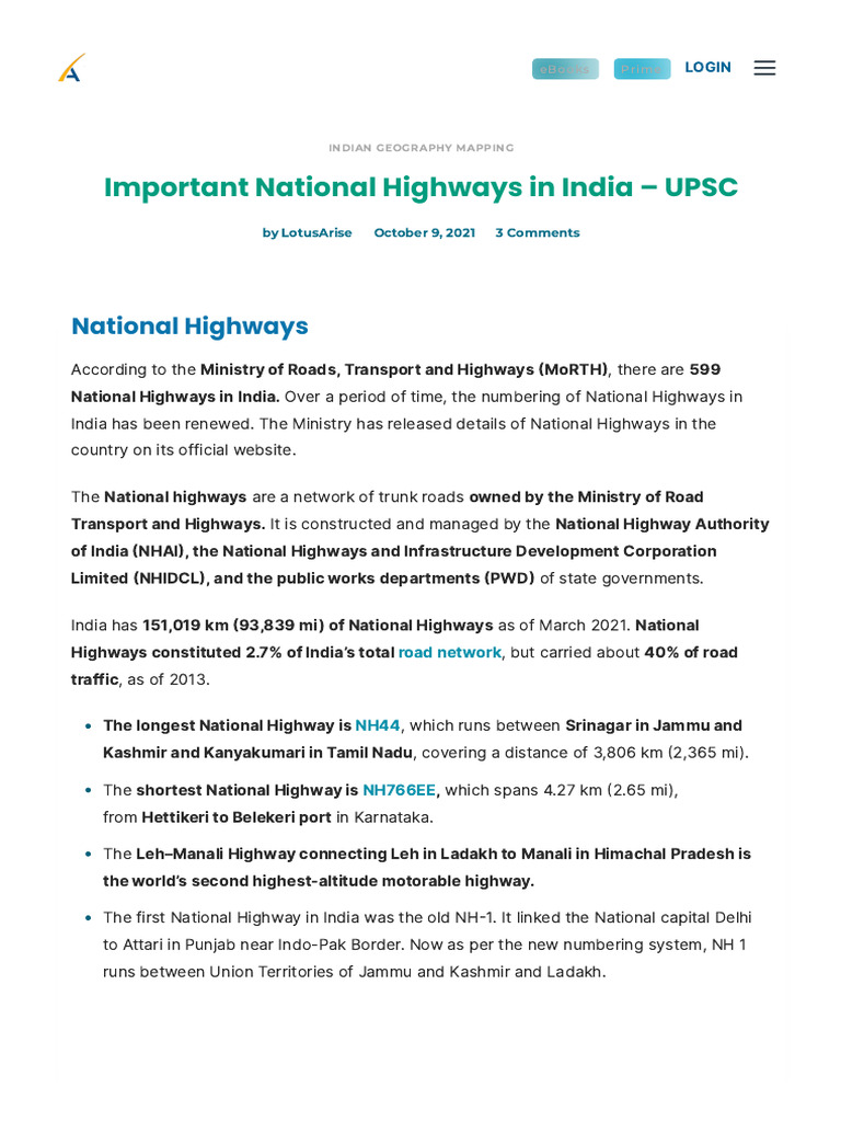 Important National Highways in India | PDF | Transport Infrastructure ...