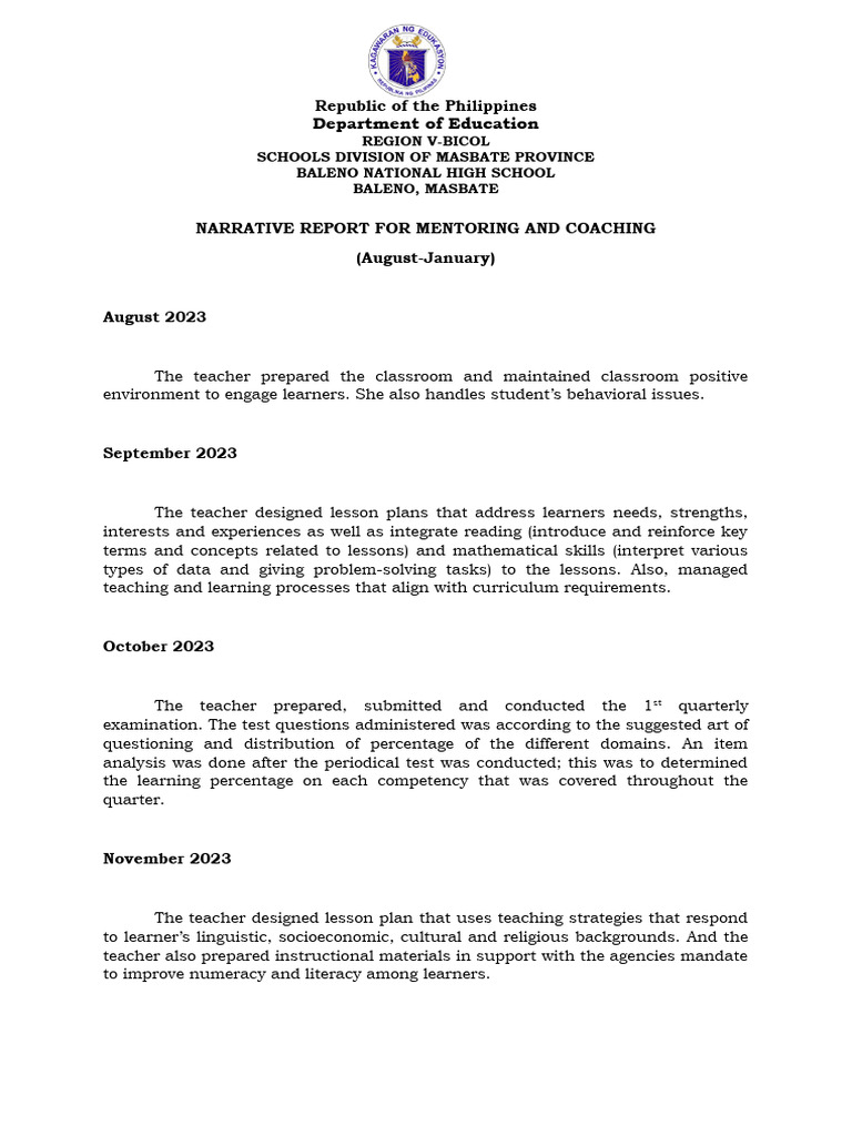 Narrative Report MBR | PDF | Teachers | Learning
