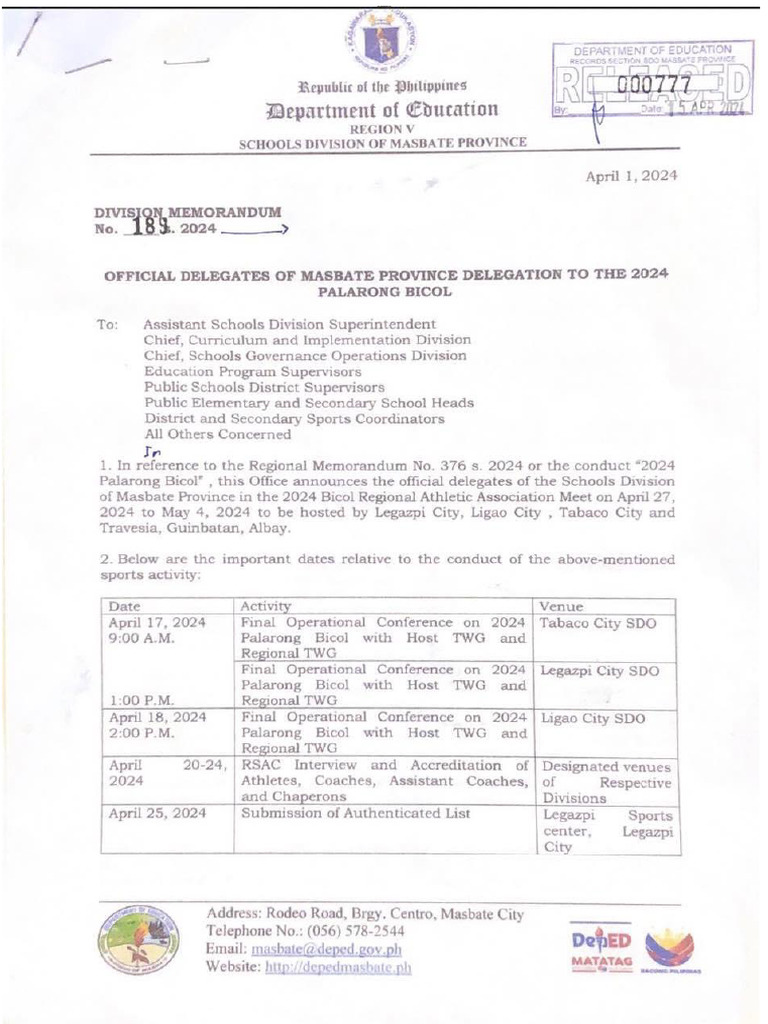 Memo For The Official Delegates of Masbate Province To 2024 Palarong ...