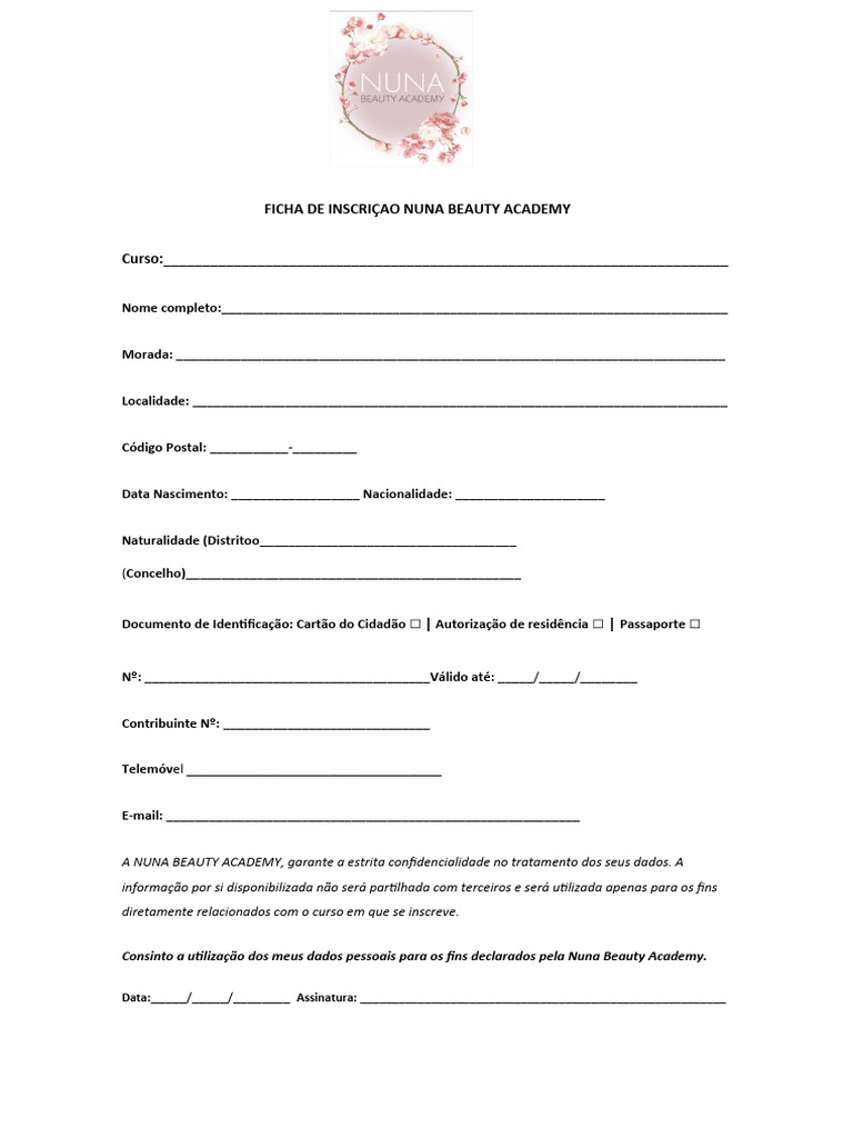 FICHA DE INSCRIÇÃO - NUNA BEAUTY ACADEMY - 2022 | PDF