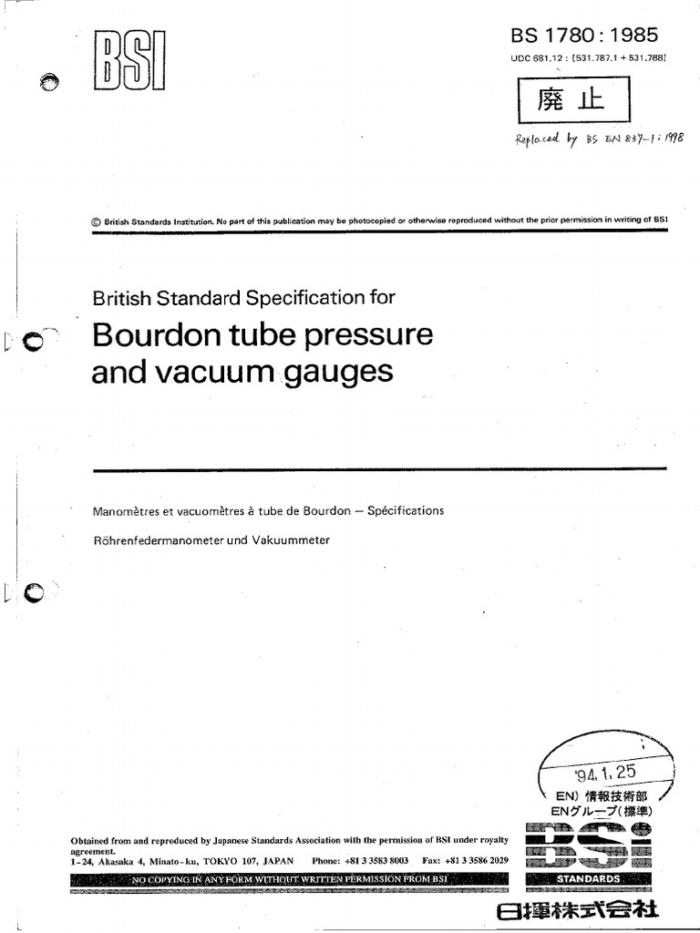 BS 1780 - 1985 Bourdon Tube Pressure and Vacuum Gauges | PDF