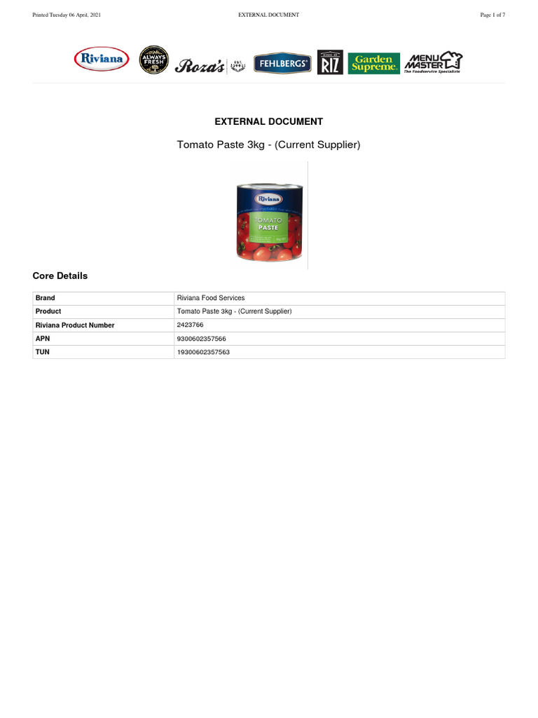 Tomato Paste 3kg Spec Sheet | PDF | Foods | Tomato
