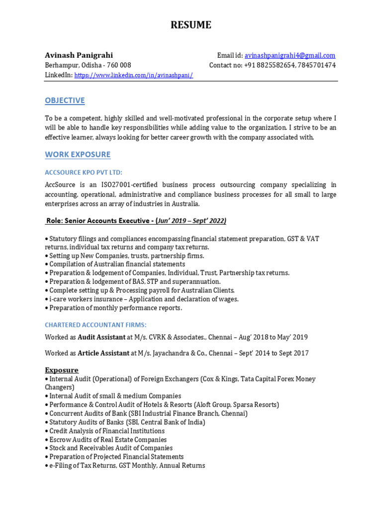 Avinash Panigrahi Cv Download Free Pdf Accounting Audit
