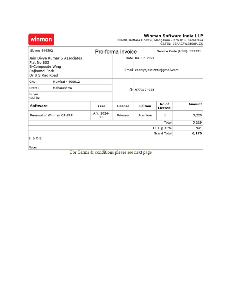 Winman CA-ERP Renewal Invoice 2024 | PDF | Cheque | Payments