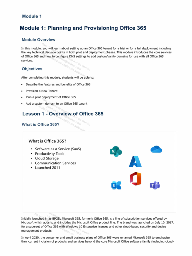 Module 1 Planning and Provisioning Office 365 | PDF | Cloud Computing | Microsoft