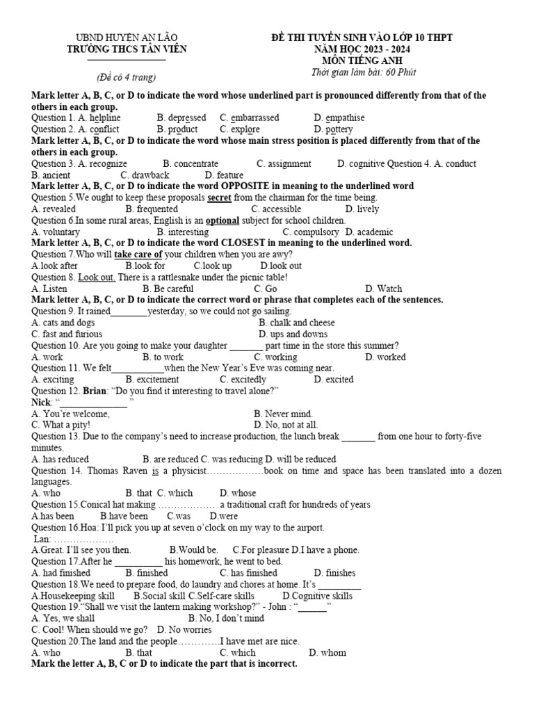 Đề tuyển sinh vào lớp 10 THPT | PDF | English Language