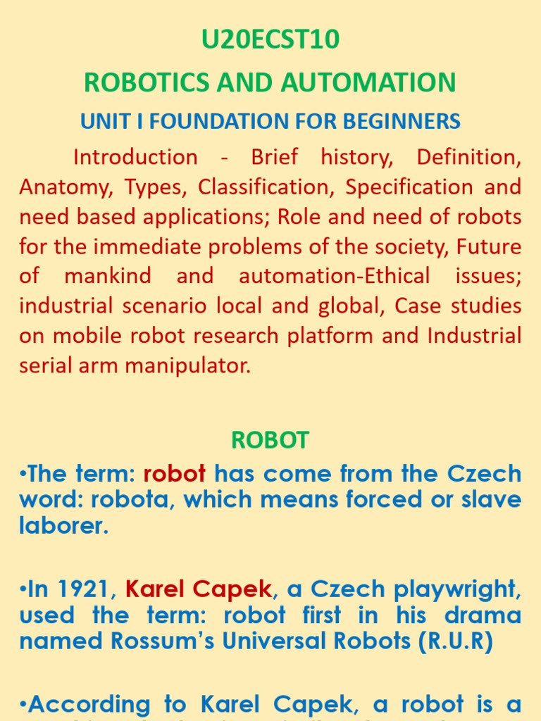 Robotics Unit I | PDF | Robot | Robotics