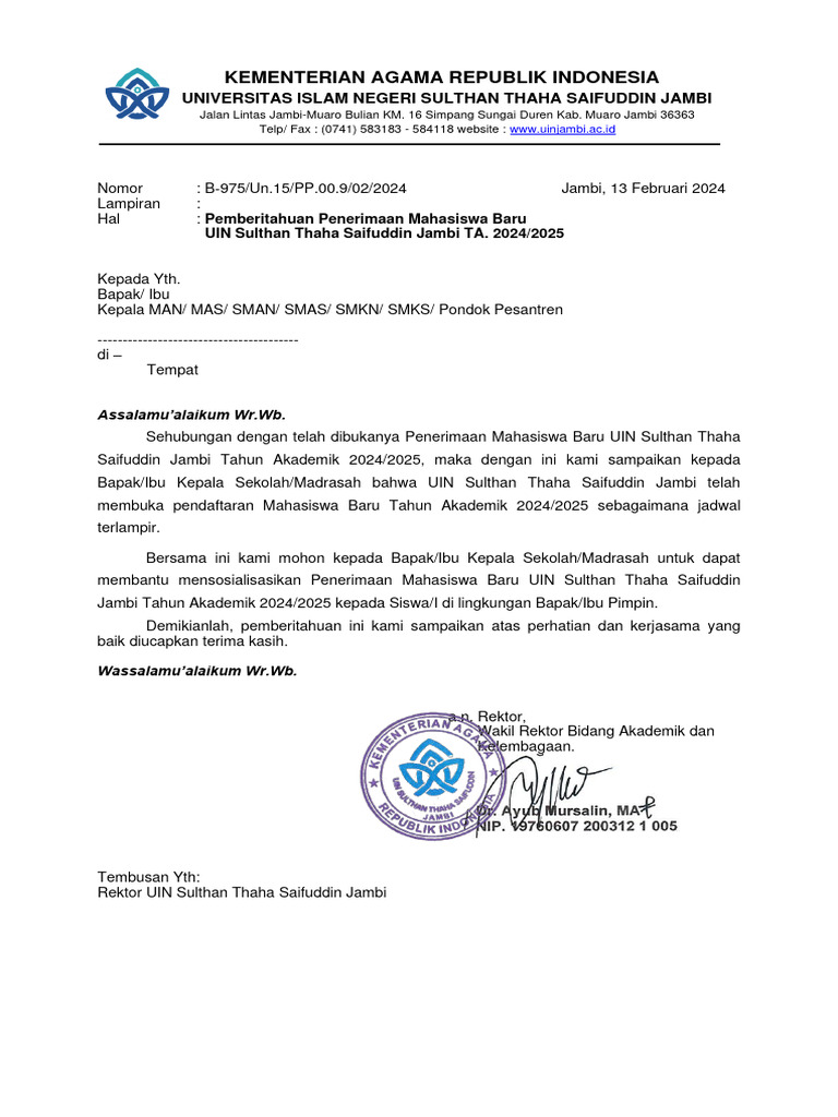 Pemberitahuan PMB UIN STS Jambi Thn. 2024 | PDF