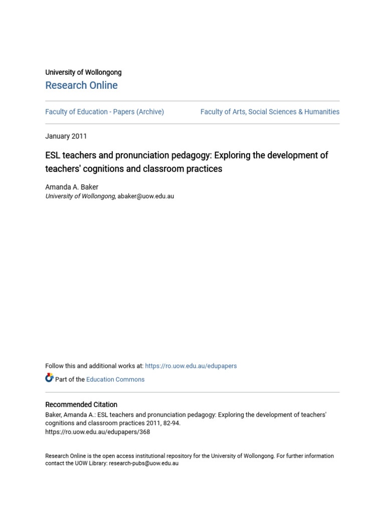 ESL Teachers and Pronunciation Pedagogy: Exploring The Development of ...