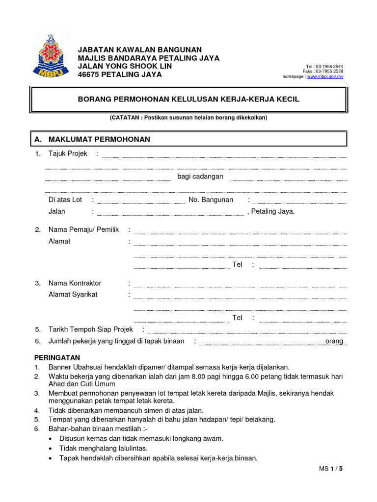 Borang Permohonan Kerja Kecil MBPJ | PDF