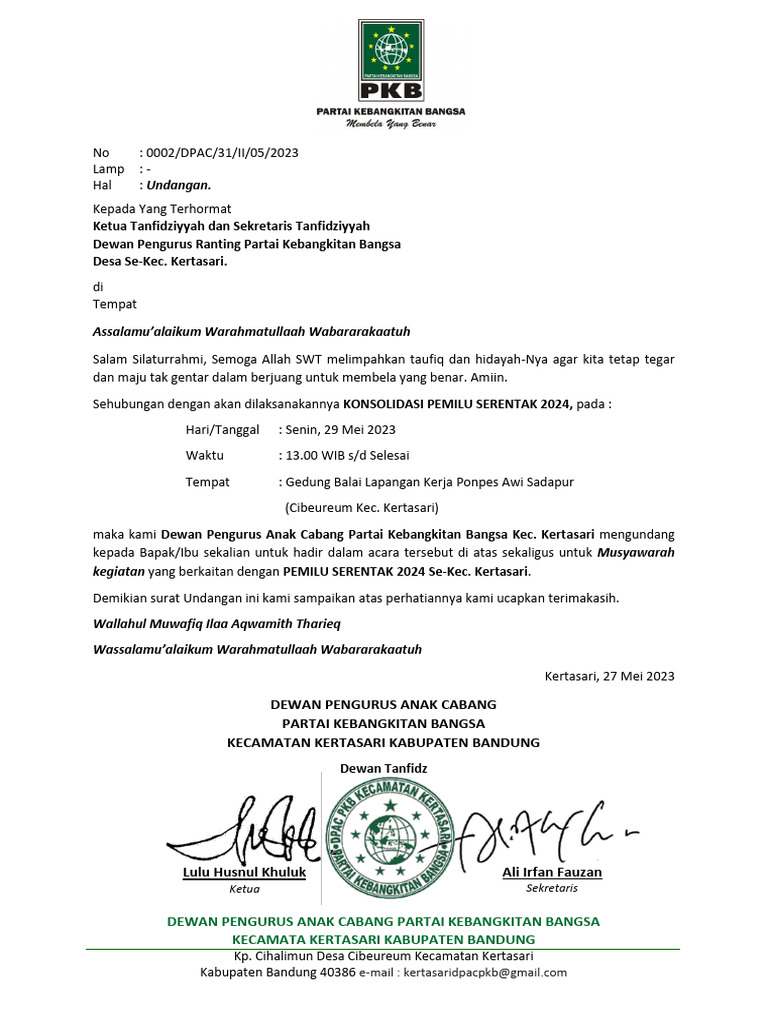 Undangan Dpac Pkb Konsolidasi 2024 | PDF