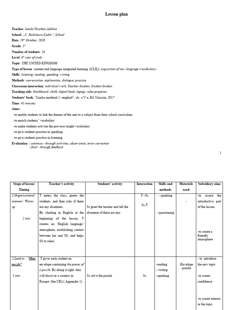 Lesson Plan 5TH Grade Clil | PDF | Teachers | Lesson Plan