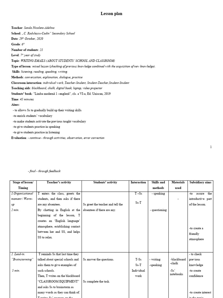 LESSON PLAN 6TH GRADE WRITING EMAILS Final Version | PDF | Teachers ...