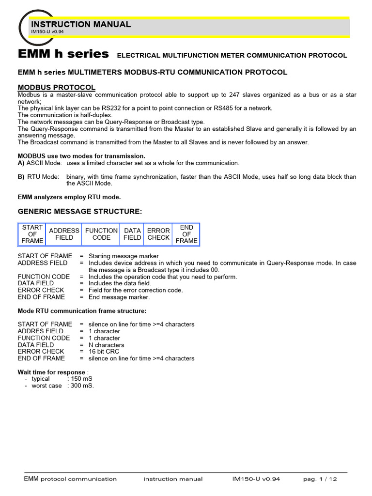 CommunicationProtocolMODBUS RTUEMM hIM150 Uv0.94 | PDF | Computer Data | Computer Engineering