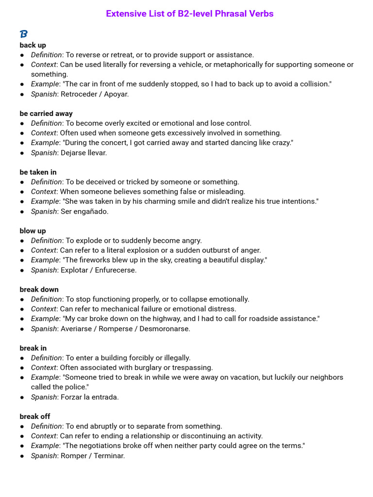 B2 FCE Phrasal Verbs - Spanish Explanation | PDF