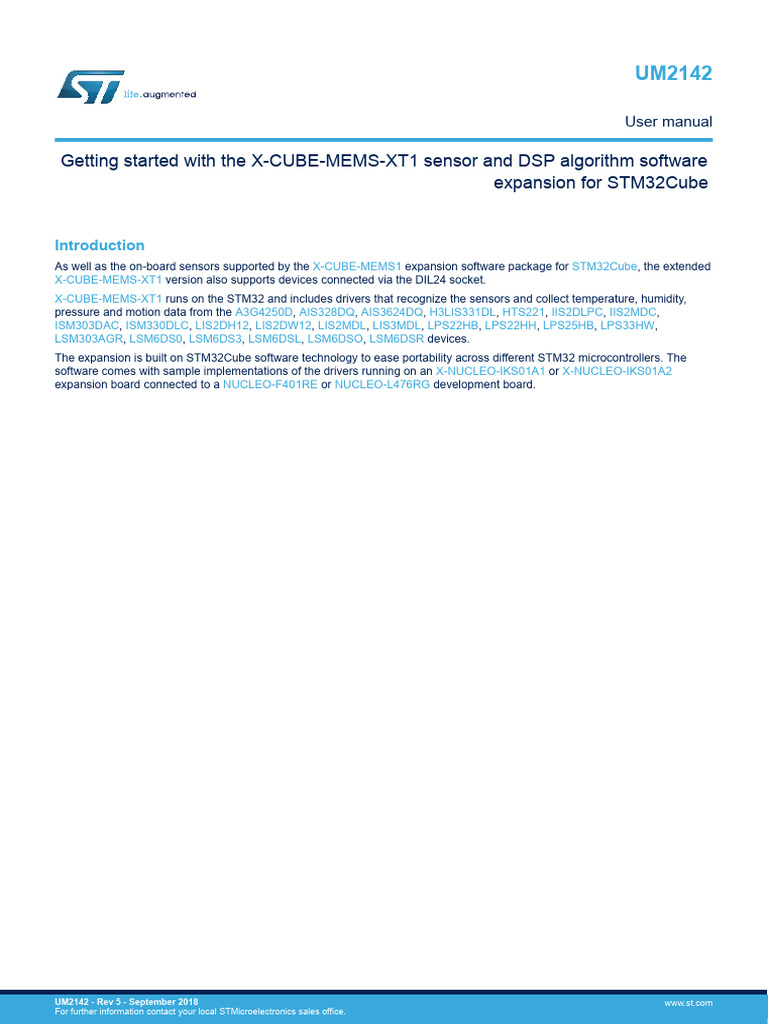 Um2142 Getting Started With The Xcubememsxt1 Sensor and DSP Algorithm Software Expansion For ...