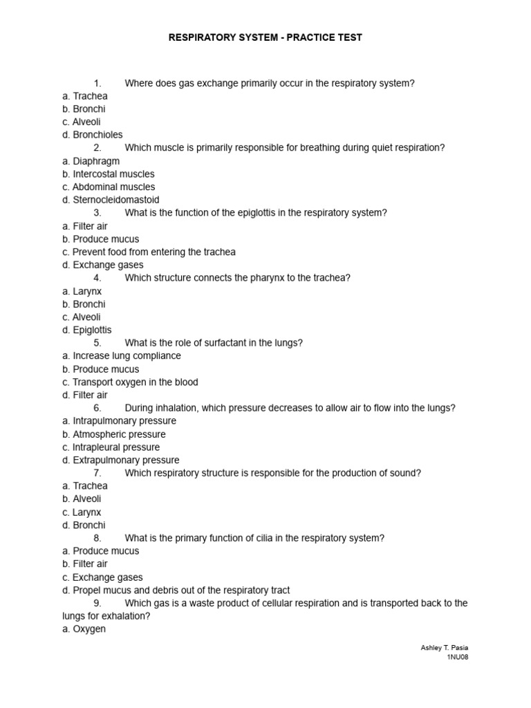 Respiratory Practice20test | PDF | Respiratory System | Lung