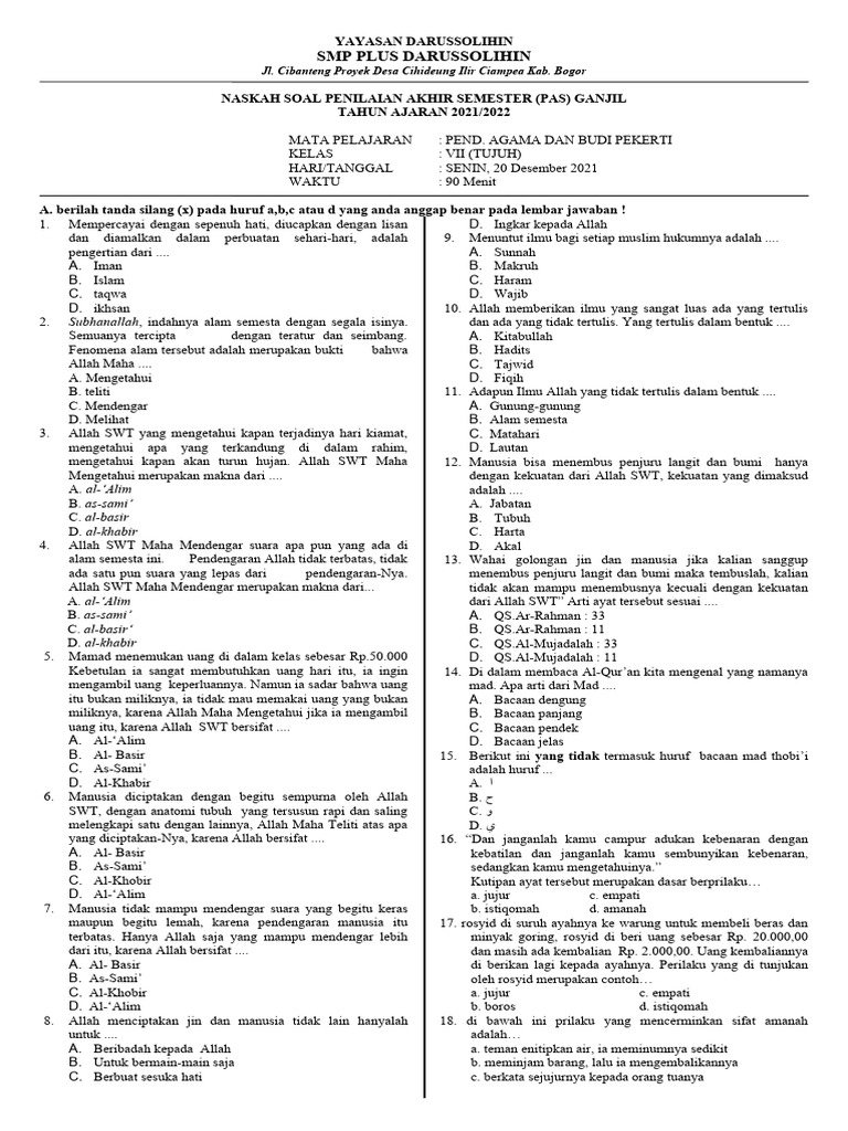 SOAL PAI Kelas 7 - PAI GANJIL | PDF