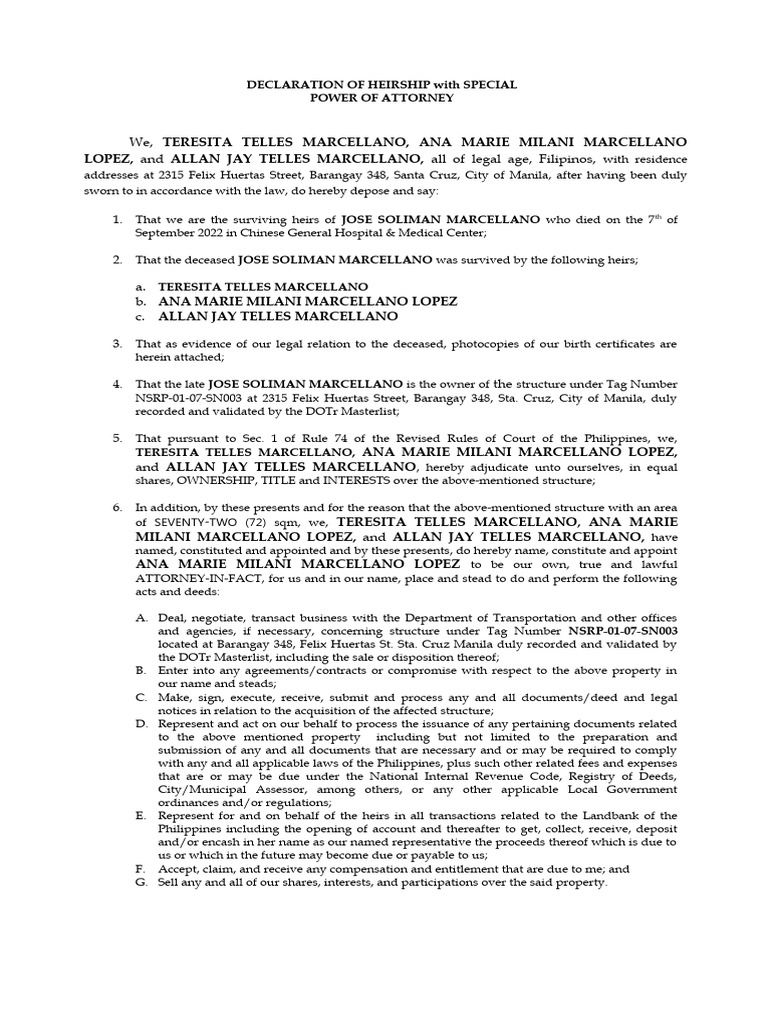 Marcellano-Declaration of Heirship With Special Power of Attorney | PDF ...