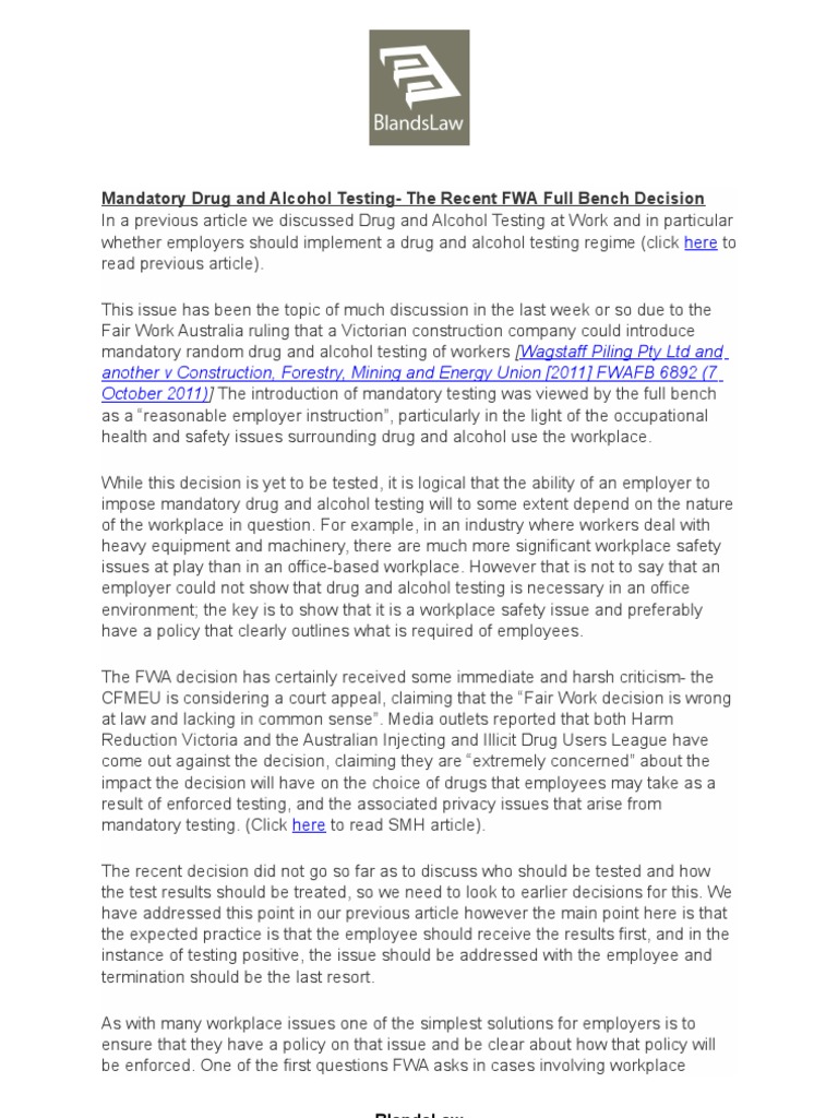 Mandatory Drug and Alcohol Testing - Update | PDF | Employment ...