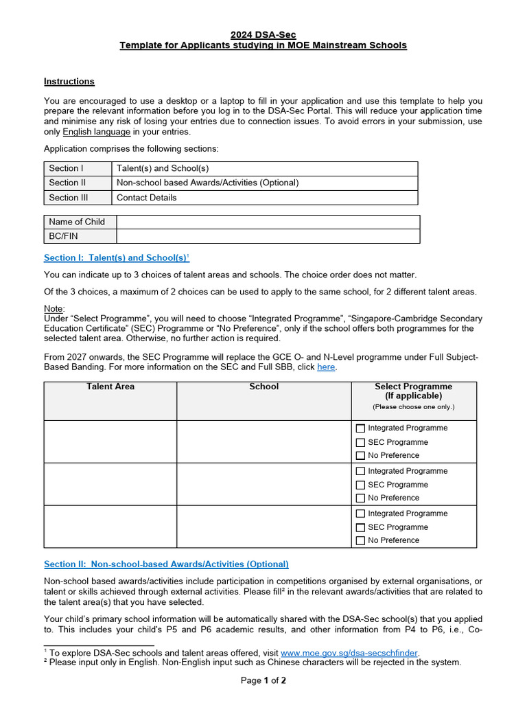 DSA-Sec Application Template For Students in MOE SCH | PDF