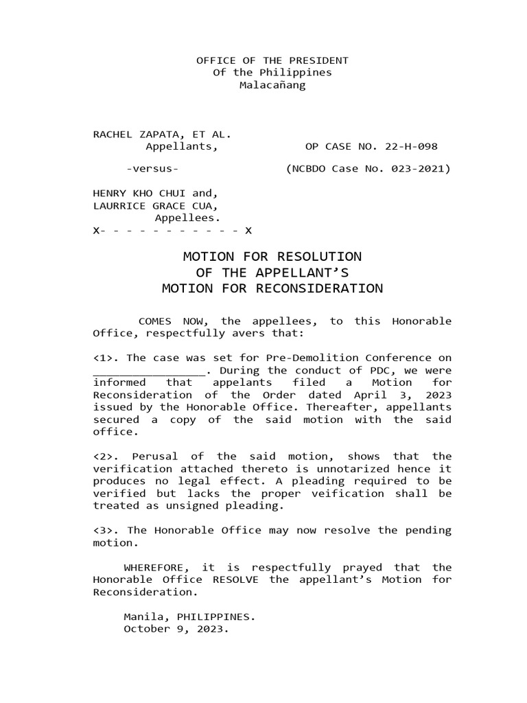 Motion for Resolution on Unnotarized Appeal | PDF | Law
