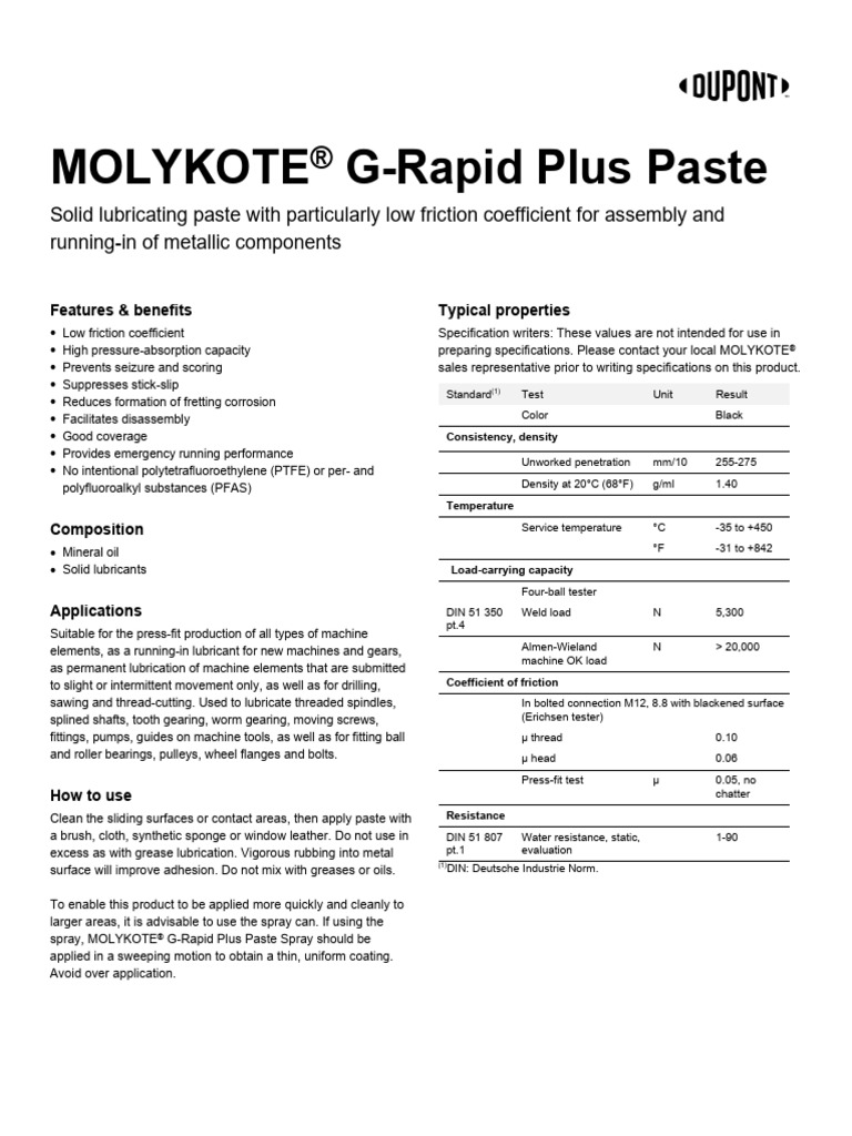MOLYKOTE G-Rapid Plus Paste | PDF | Lubricant | Friction