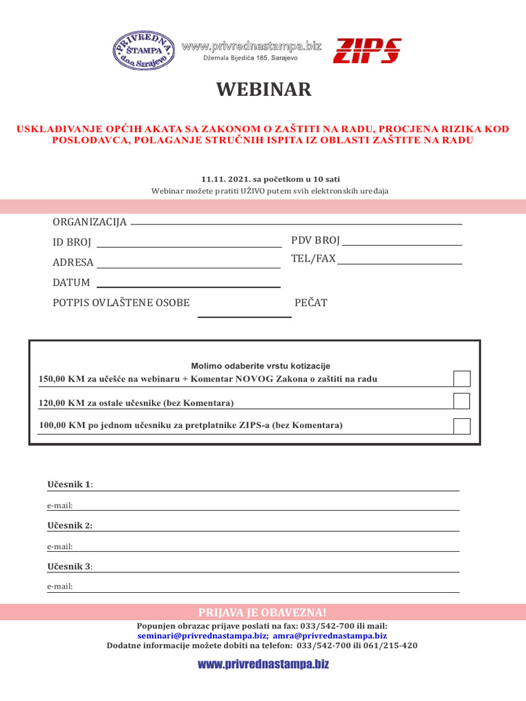 Prijavni Obrazac Za Webinar 11.11.21. | PDF
