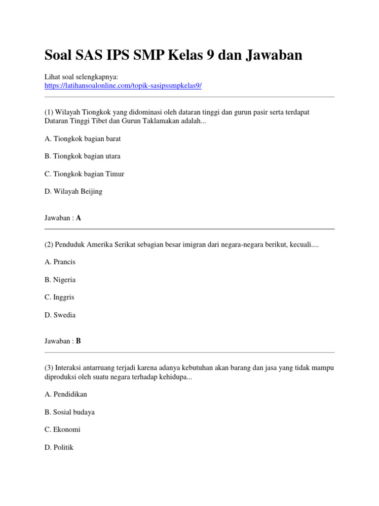 Soal SAS IPS SMP Kelas 9 Dan Jawaban | PDF