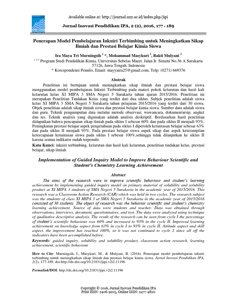 Penerapan Model Pembelajaran Inkuiri Terbimbing Untuk Meningkatkan Sikap Ilmiah Dan Prestasi ...