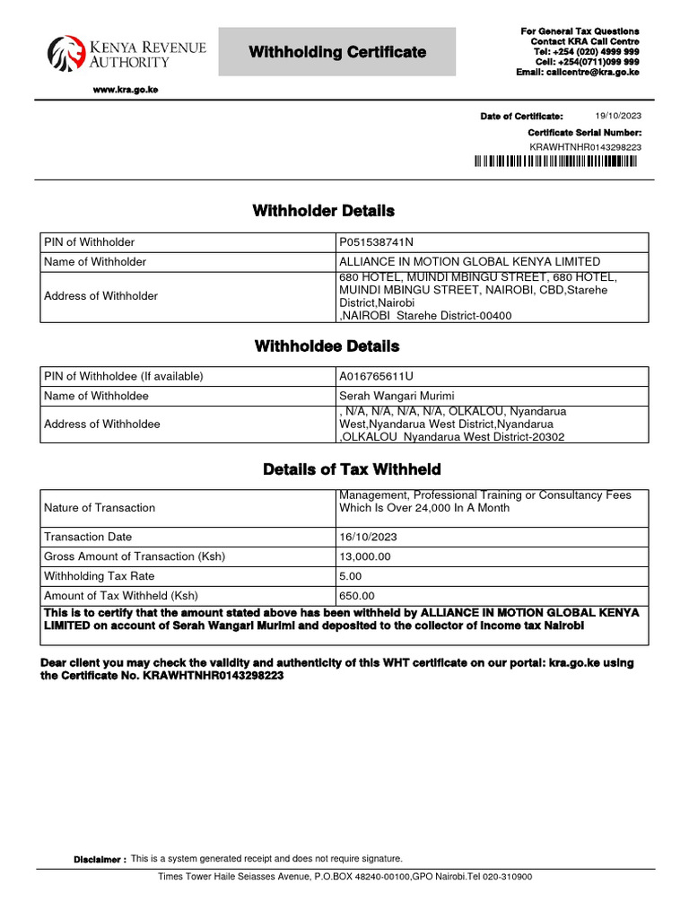 WithholdingCertificate | PDF | Payments | Government Finances