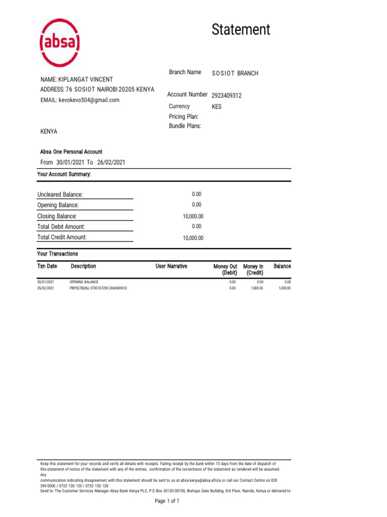 ABSA BANK Vincent | Download Free PDF | Banks | Debits And Credits