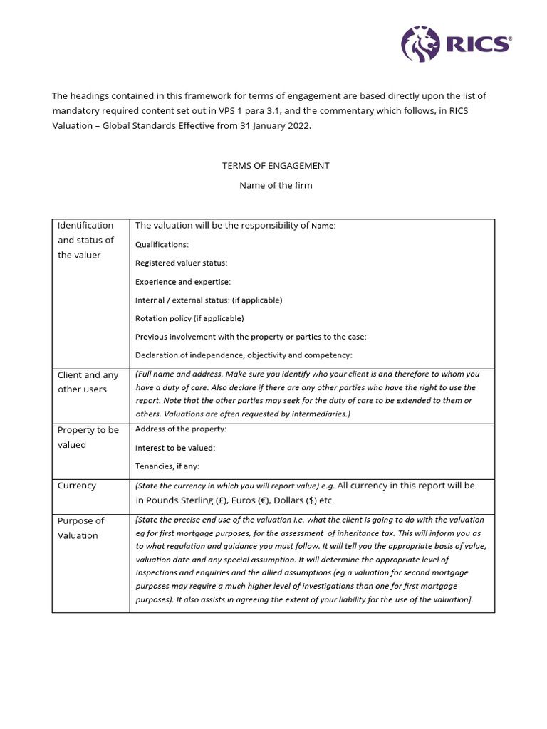 Terms of Engagement Framework | PDF | Real Estate Appraisal | Market Value