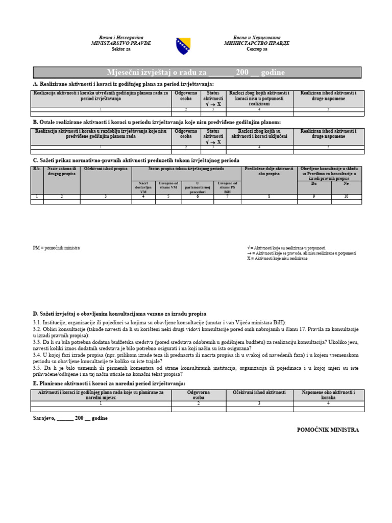 Obrazac Za Mjesecni Izvjestaj o Radu - BJ | PDF