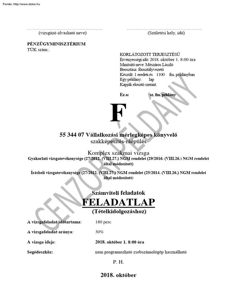 Vallalkozasi Merlegkepes Konyvelo Komplex Szakmai Vizsga Feladatlap ...