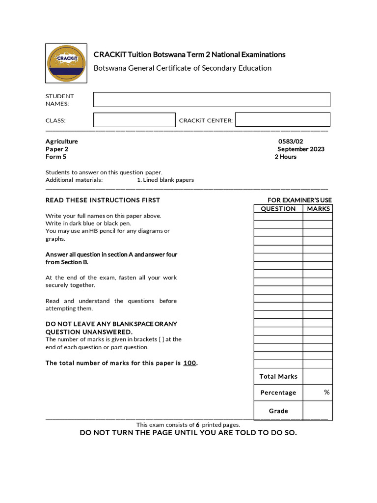 Bgcse Agriculture Paper 2 2023 Mock Exams Form 5 | PDF | Agriculture