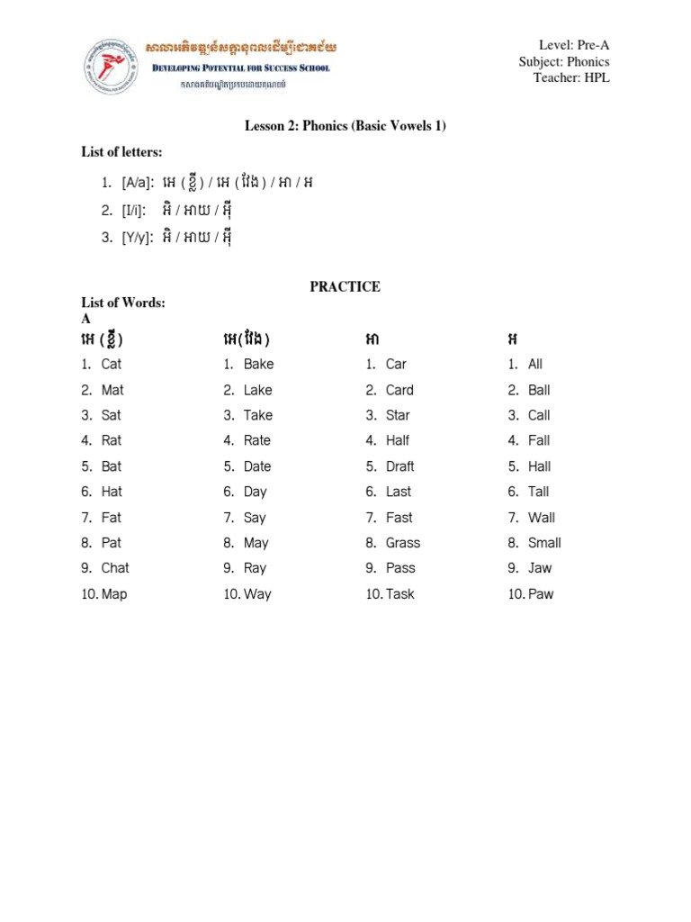 2.1. Phonics (Basic Vowels 1) | PDF