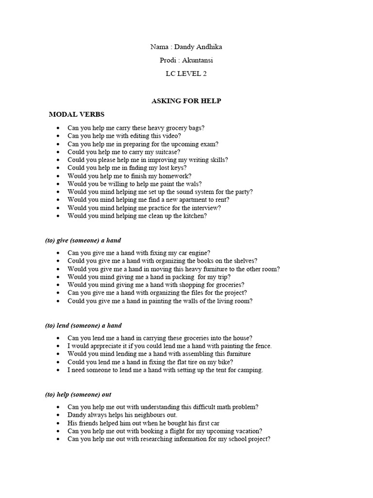 Modal Verbs for Asking Help | PDF | Home & Garden | Self-Improvement