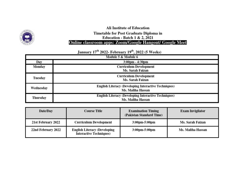 PG Diploma Education Timetable 2021 | PDF