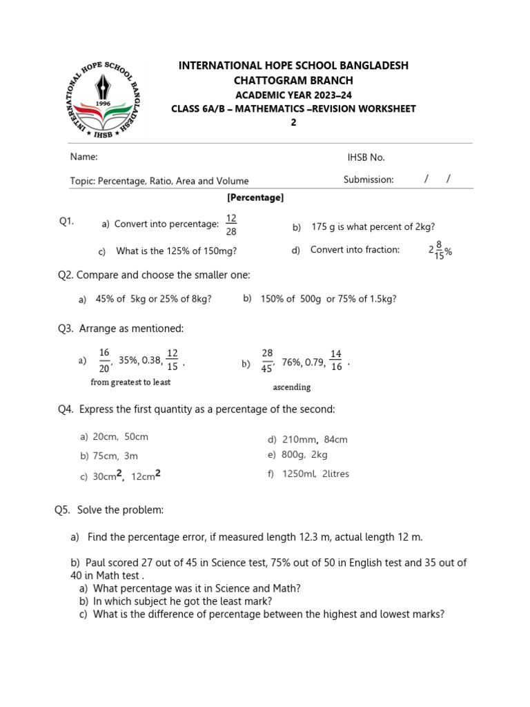 G6 Math Holiday WS | PDF | Area | Percentage