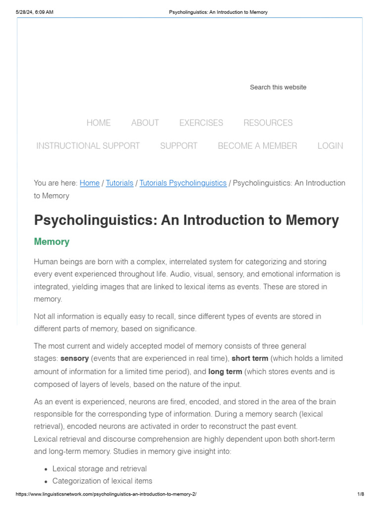Introduction to Memory in Psycholinguistics | PDF | Memory | Long Term ...